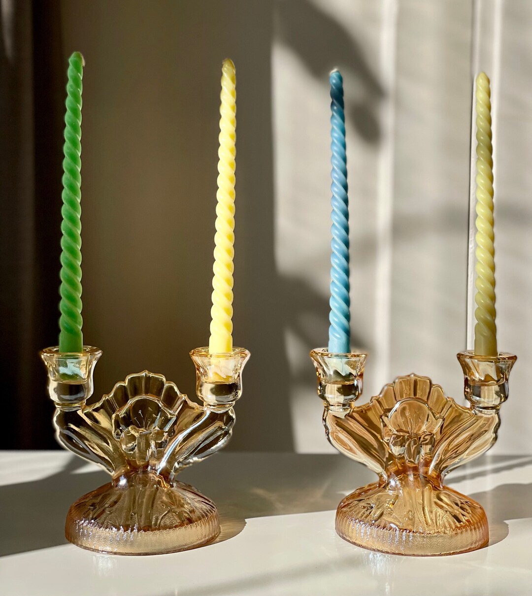 Set of 2 Pink Glass Dual Candle Stick Holder, Art Deco Style - Etsy
