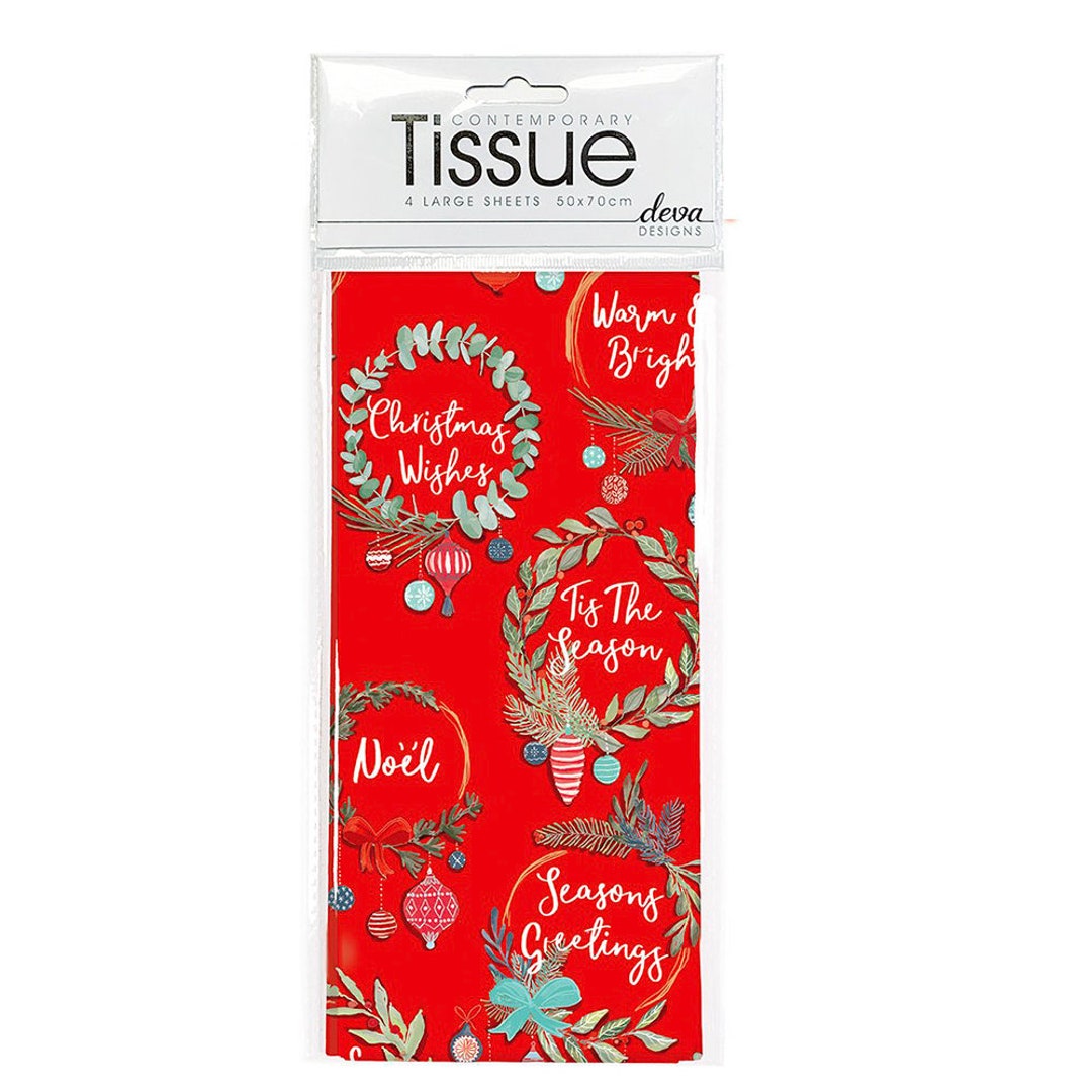 Red Wreaths Christmas Tissue Deva Tissue Wrapping Paper 4 Sheets 50 X ...