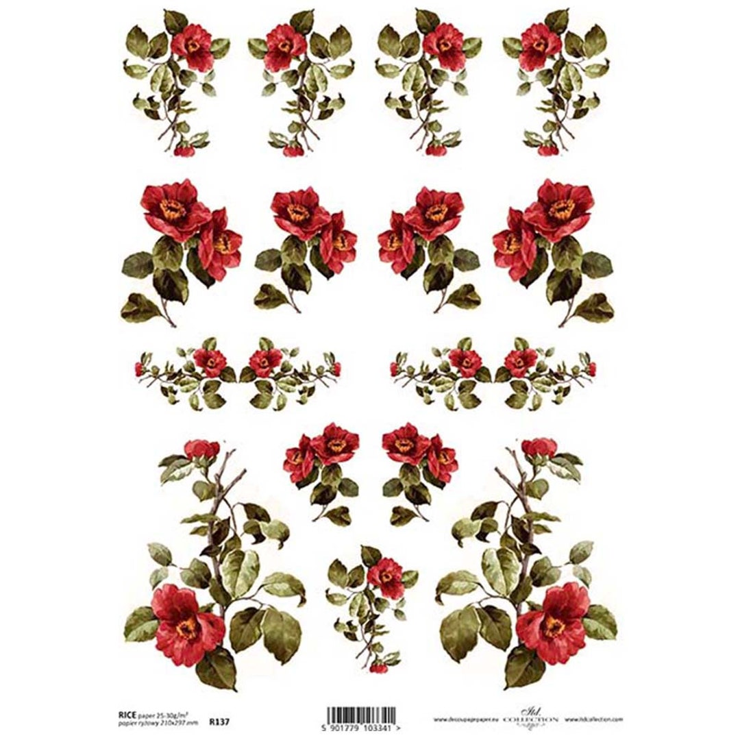 Red Wild Rose Rice Paper ITD A4 Rice Paper Mulberry Paper for Decoupage ...