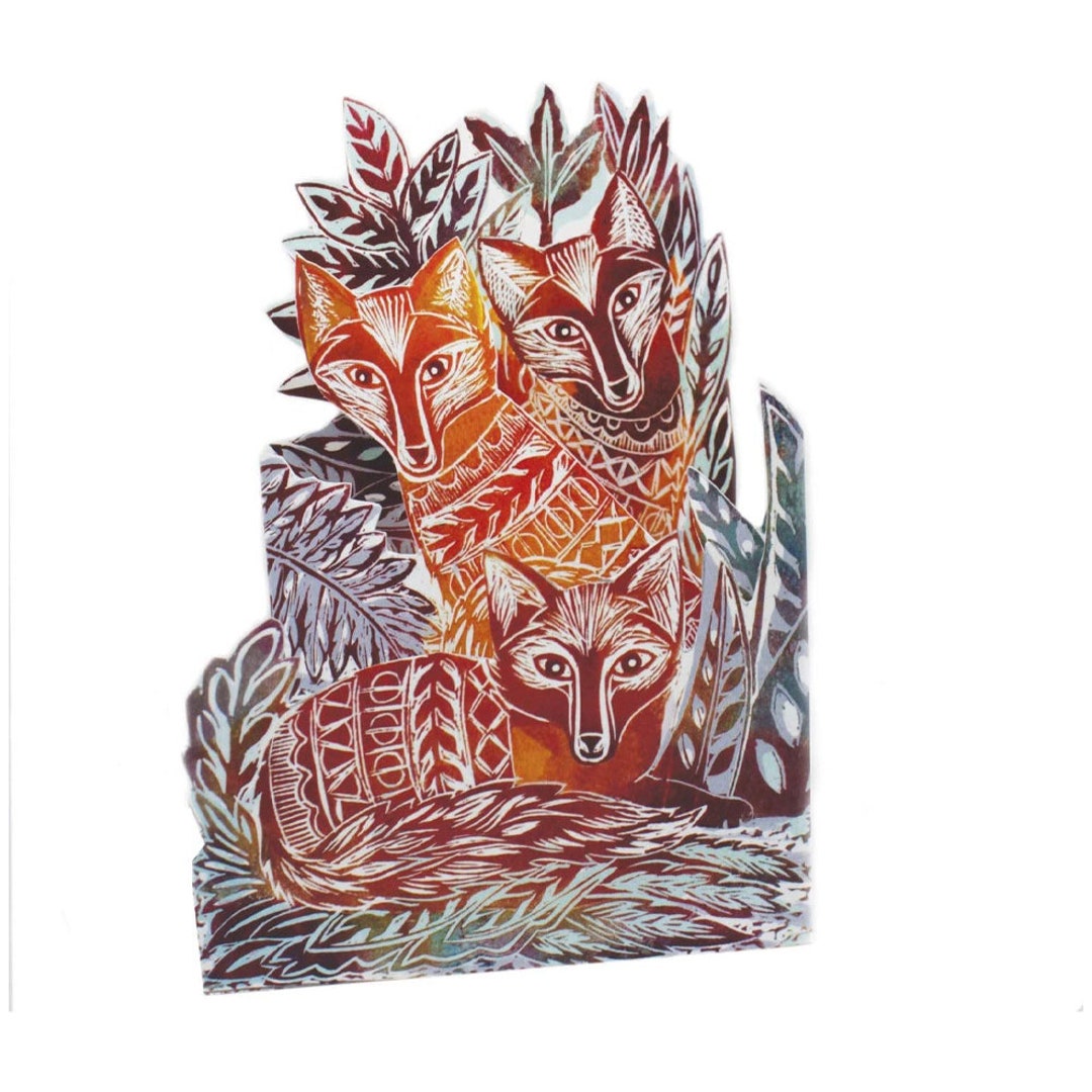 Three Foxes Tri Fold Greeting Card With Envelope From Lino Cut Artwork ...