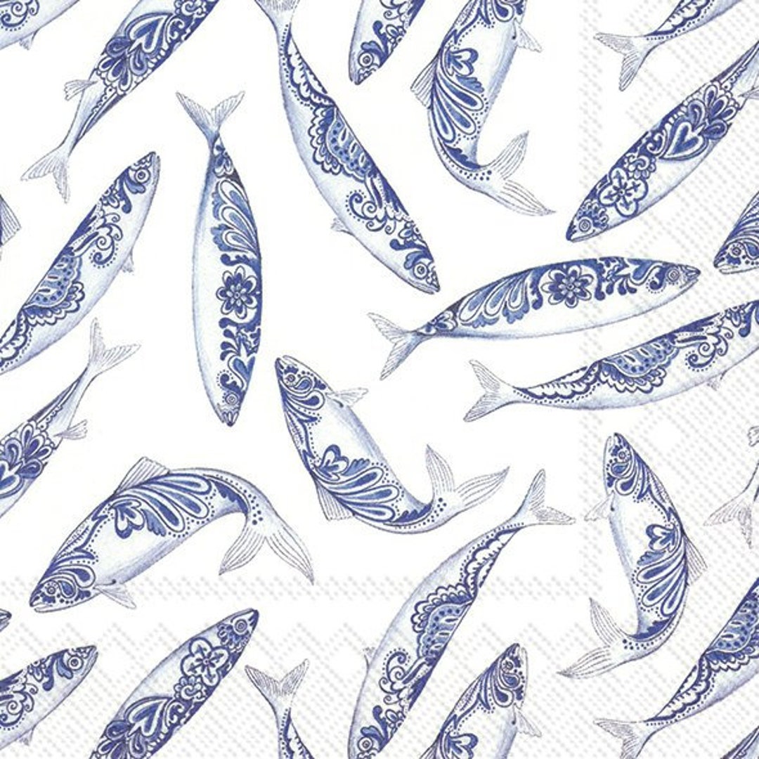 Decorative Fish White Blue IHR Paper Table Napkins 33 Cm Square 3 Ply ...