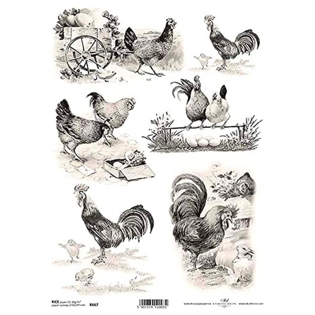 Monochrome Chicken Scenes Rice Paper ITD A4 Rice Paper Mulberry Paper ...