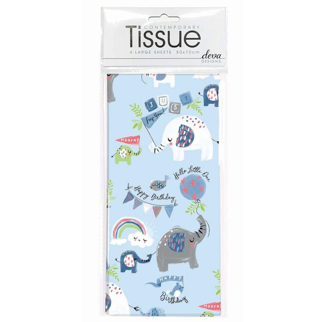 Baby Ellie Blue Elephant Tissue Paper 4 Sheets of Deva Tissue Wrapping ...