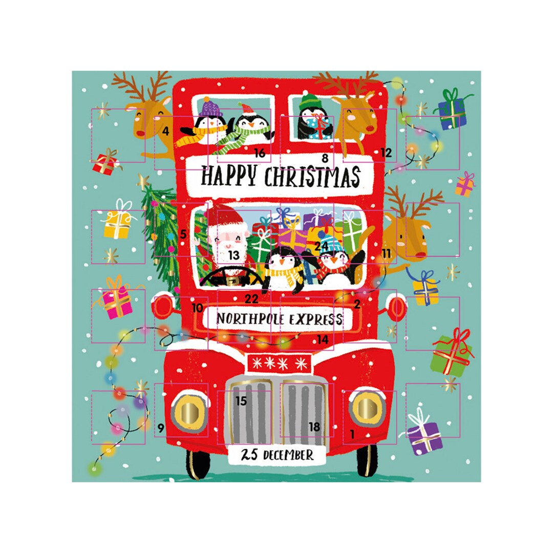 Santa Bus Advent Ling Calendar Card 159 X 159 Mm With Envelope and 24 ...
