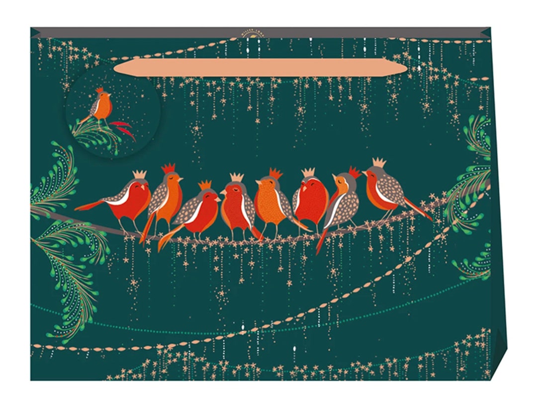 Sara Miller ROBINS ON A WIRE Christmas Shopper Style Bag Paper Gift Bag ...