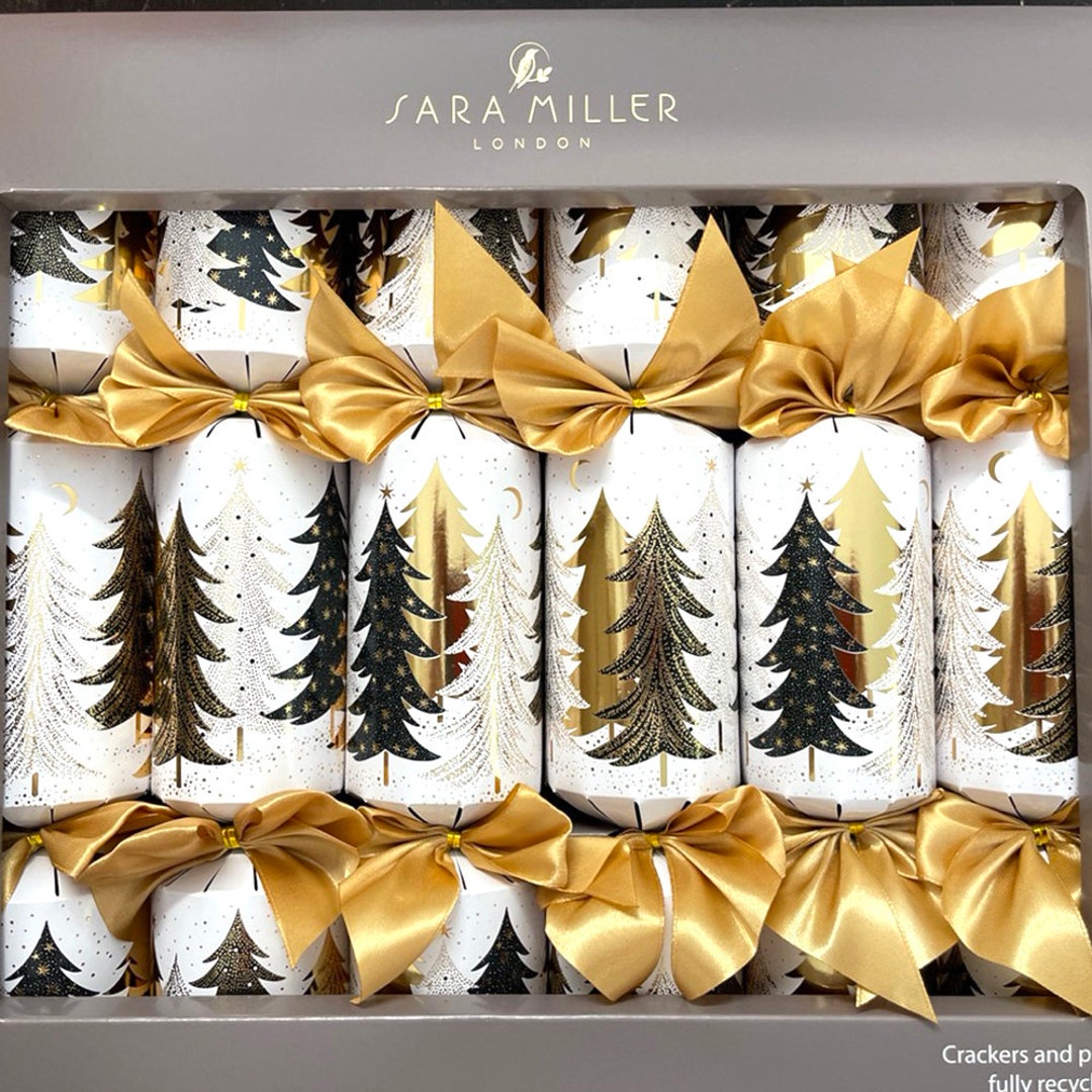 Sara Miller Pine Forest Gold White Christmas Trees Gold Ribbons 6 X 13 ...