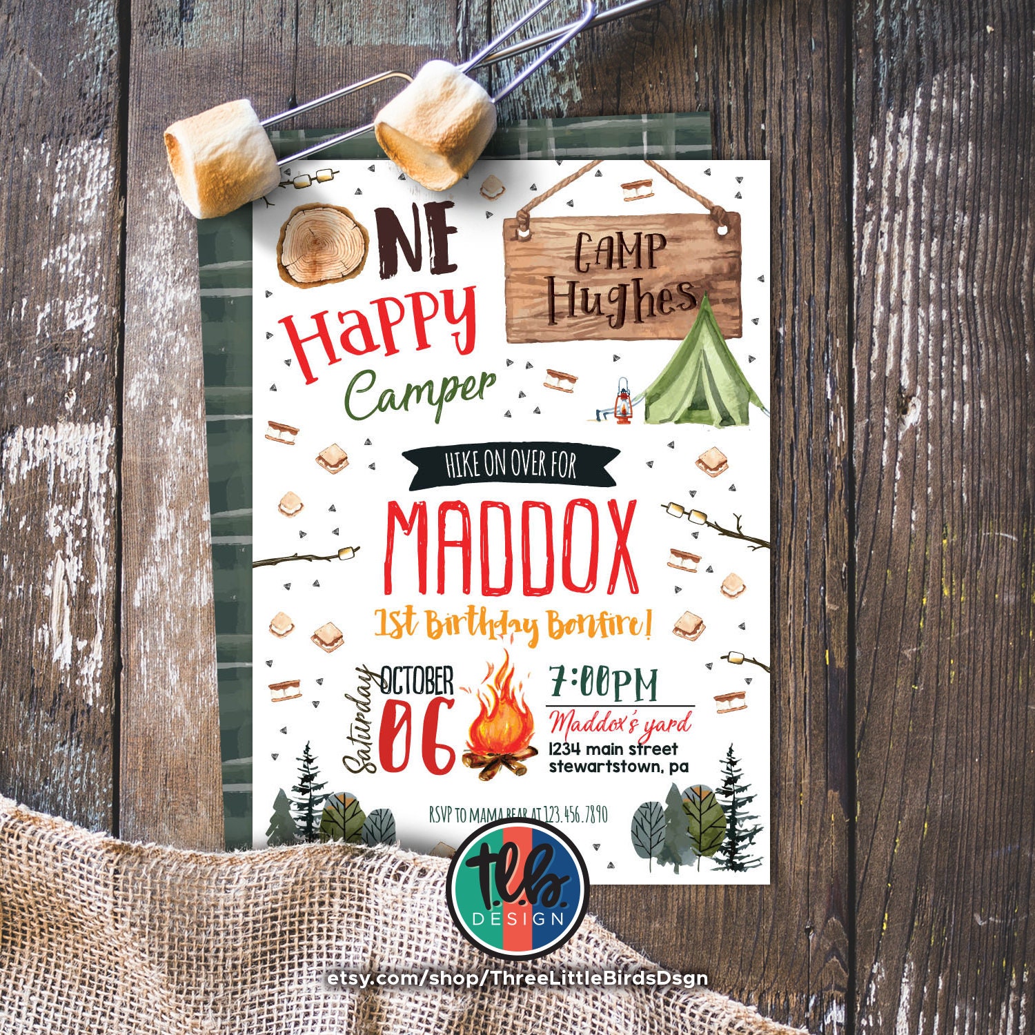 Paper One Happy Camper Smore Bonfire Camping Invite Camper Invitation Birthday Invitation Party ...