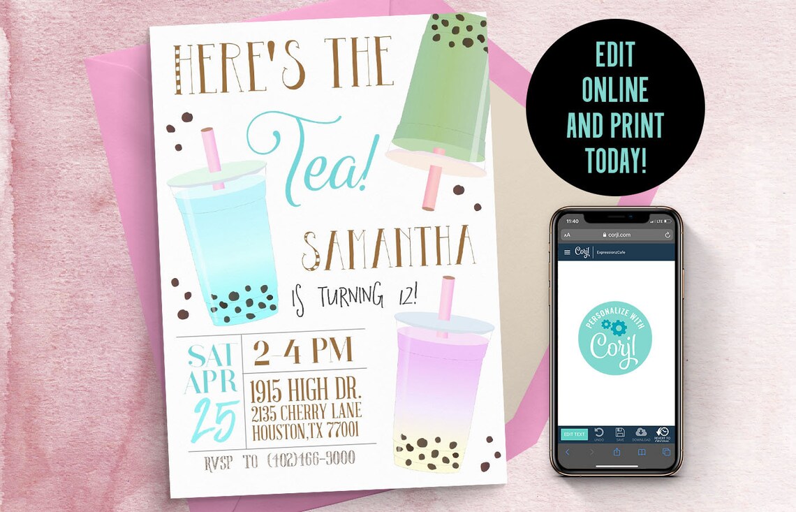 Boba Birthday Invitation Heres the Tea Invite Bubble Tea | Etsy