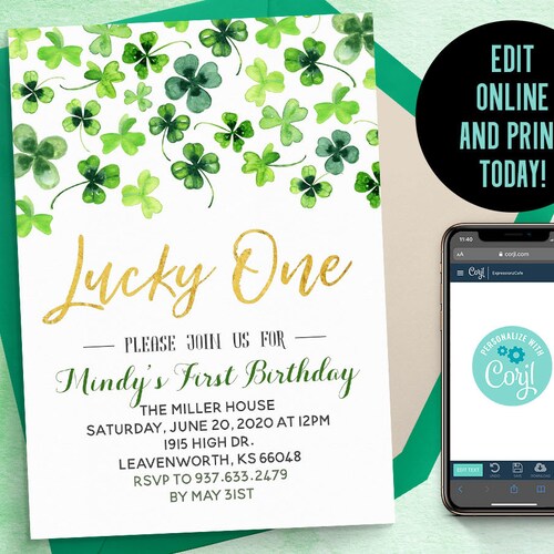 Editable Lucky One Birthday Invitation Shamrock Birthday - Etsy