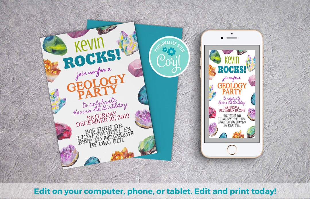 Editable Rock Invitation Geology Birthday Invitation, Gemstone ...