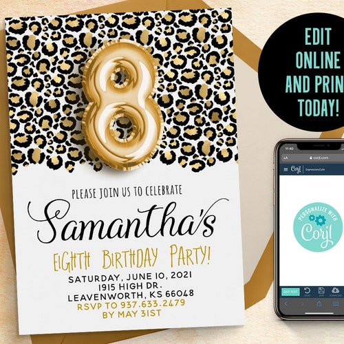 8th Birthday Leopard Invitation Gold Animal Invite Leopard - Etsy