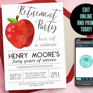 Editable Teacher Retirement Invitation | Apple Retirement, School ...