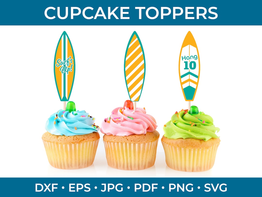 Surfing Theme Cupcake Toppers for Kids Birthday Party, Surfboard SVG ...