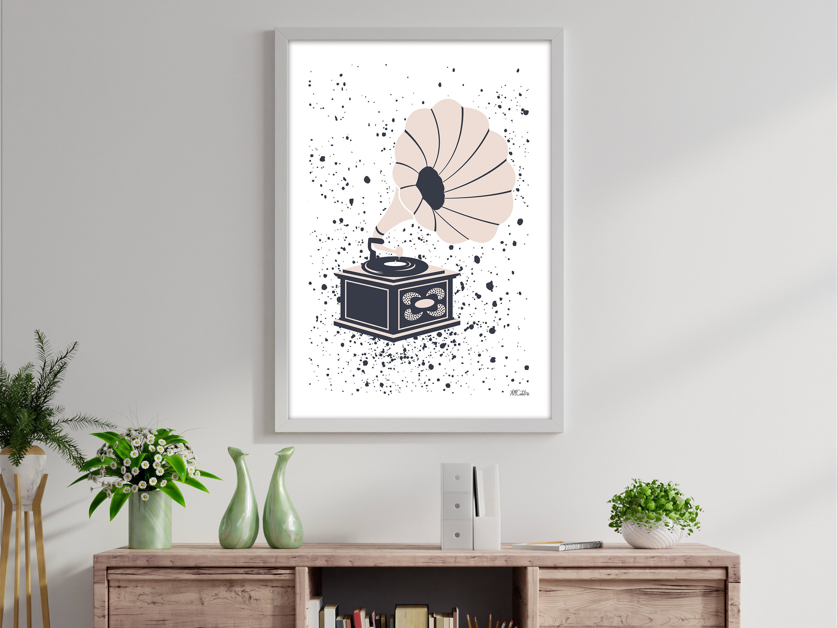 Record Player Art Print With Paint Splatter. Vintage Music Phonograph ...