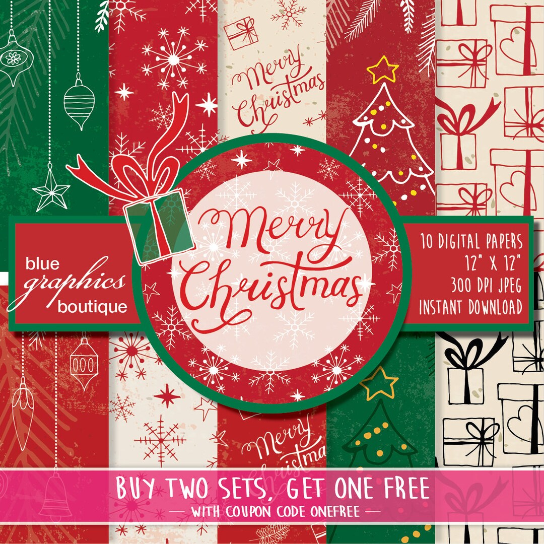 MERRY CHRISTMAS Digital Paper, Buy 2 Get 1 Free, Free Commercial Use ...