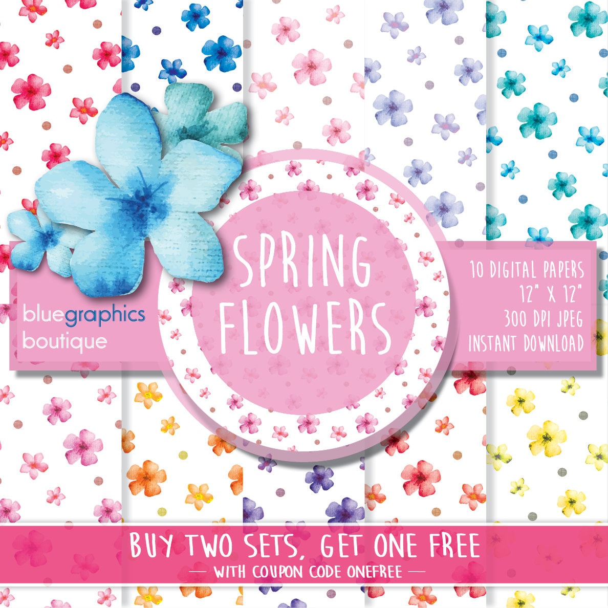 SPRING FLOWERS Floral Digital Paper Buy 2 Get 1 Free Free - Etsy