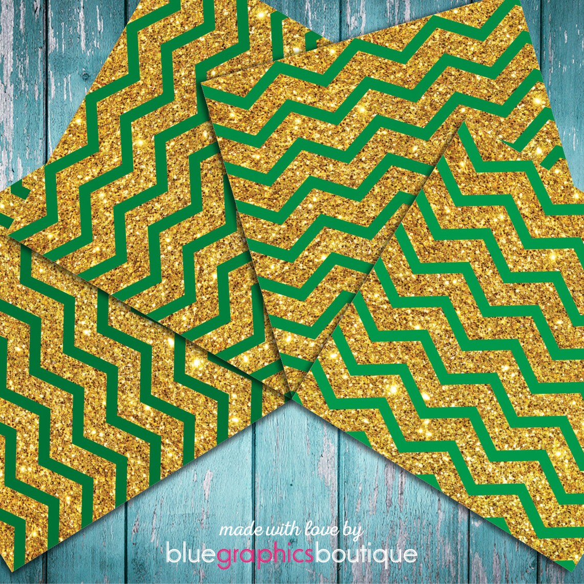 GOLD & GREEN CHEVRON Digital Paper, Buy 2 Get 1 Free, Free Commercial ...