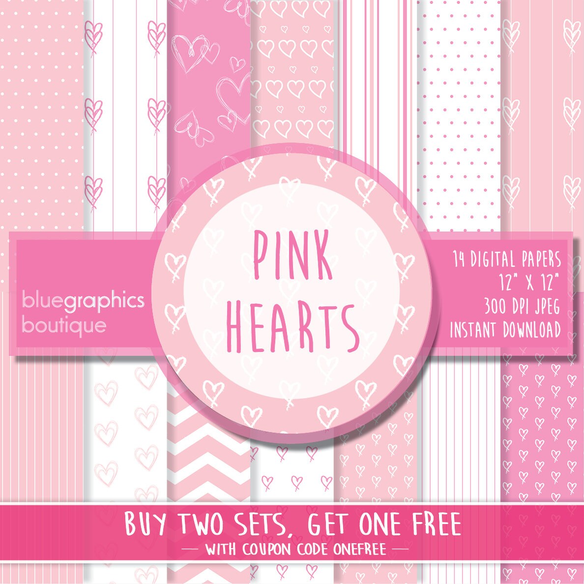 PINK HEARTS Digital Paper Buy 2 Get 1 Free Free Commercial - Etsy