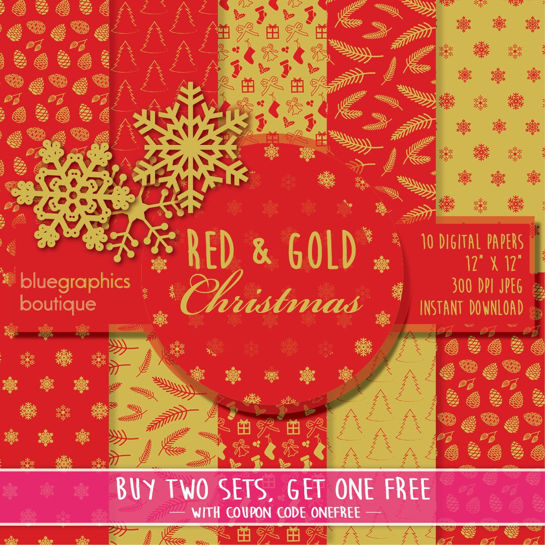 CHRISTMAS RED & GOLD Digital Paper Buy 2 Get 1 Free Free - Etsy