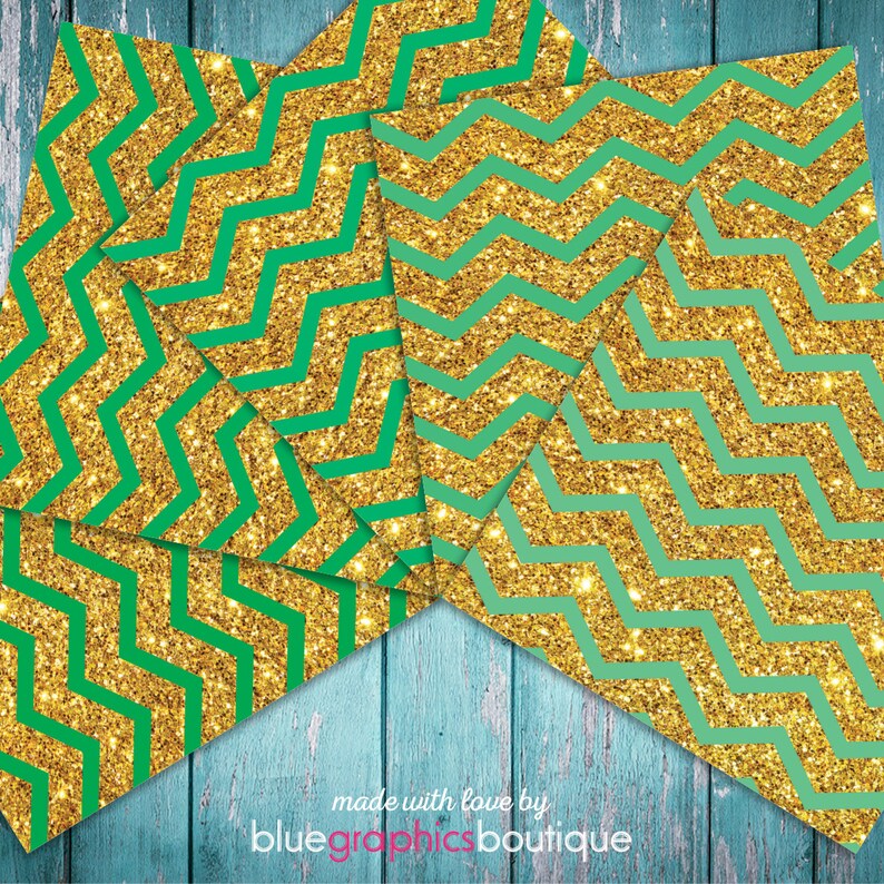GOLD & GREEN CHEVRON Digital Paper, Buy 2 Get 1 Free, Free Commercial ...