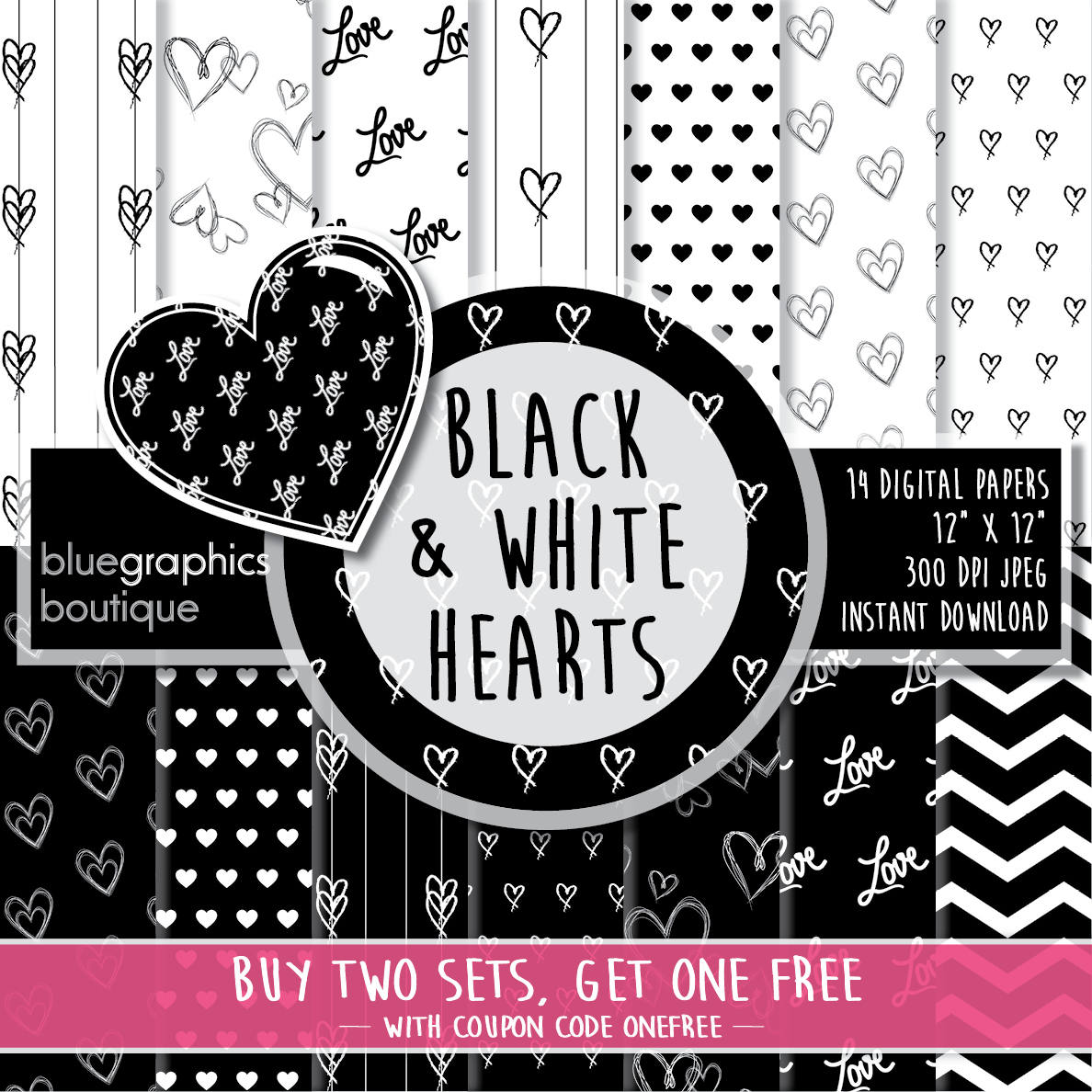 BLACK & WHITE HEARTS Digital Paper, Buy 2 Get 1 Free, Free Commercial ...
