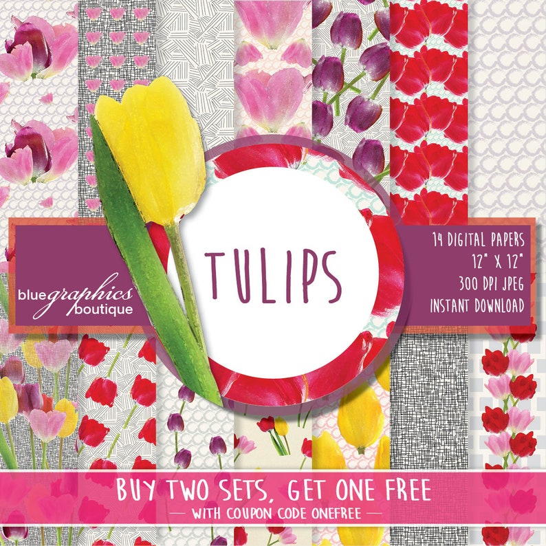 FLORAL Digital Paper Tulip Buy 2 Get 1 Free Free Commercial - Etsy