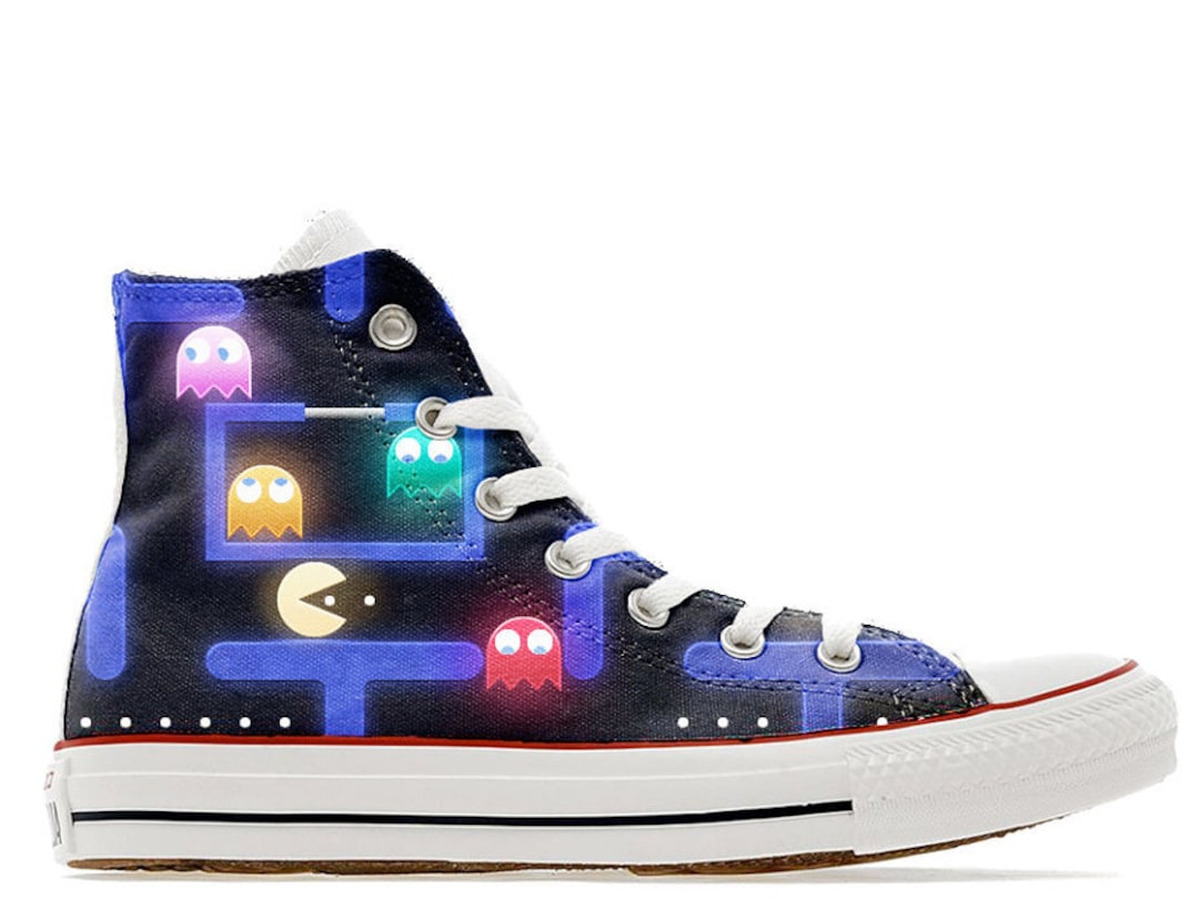 Retro 80s Arcade Gamer Pac Ghost Eater Man Illustrated Custom Converse ...
