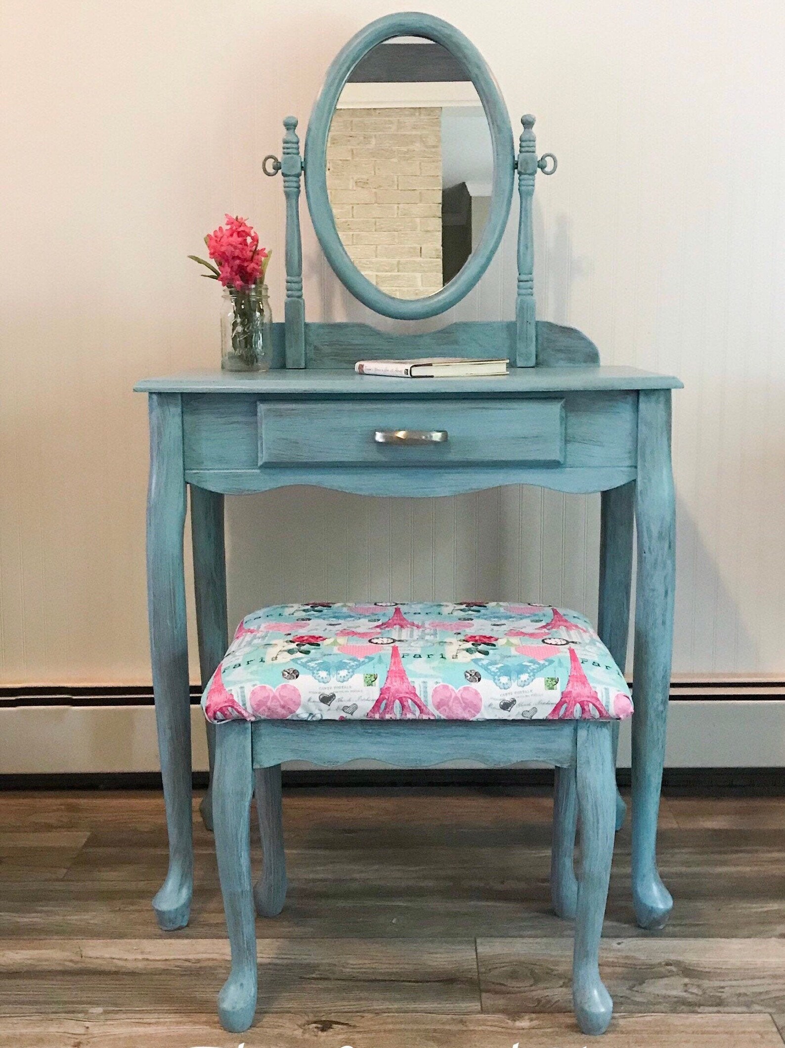 Sold: Aqua Blue Vanity Desk With Mirror and Bench, Shipping Not ...
