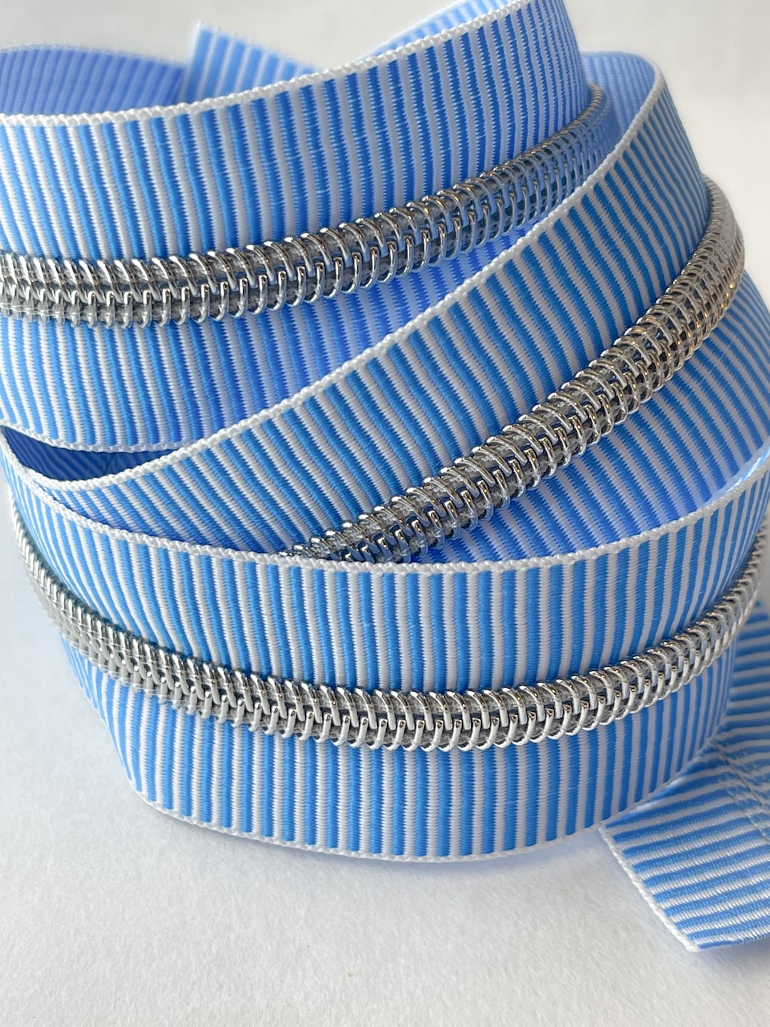 Blue and White Striped Zipper Tape With Silver Nylon Coils | Size #5 ...