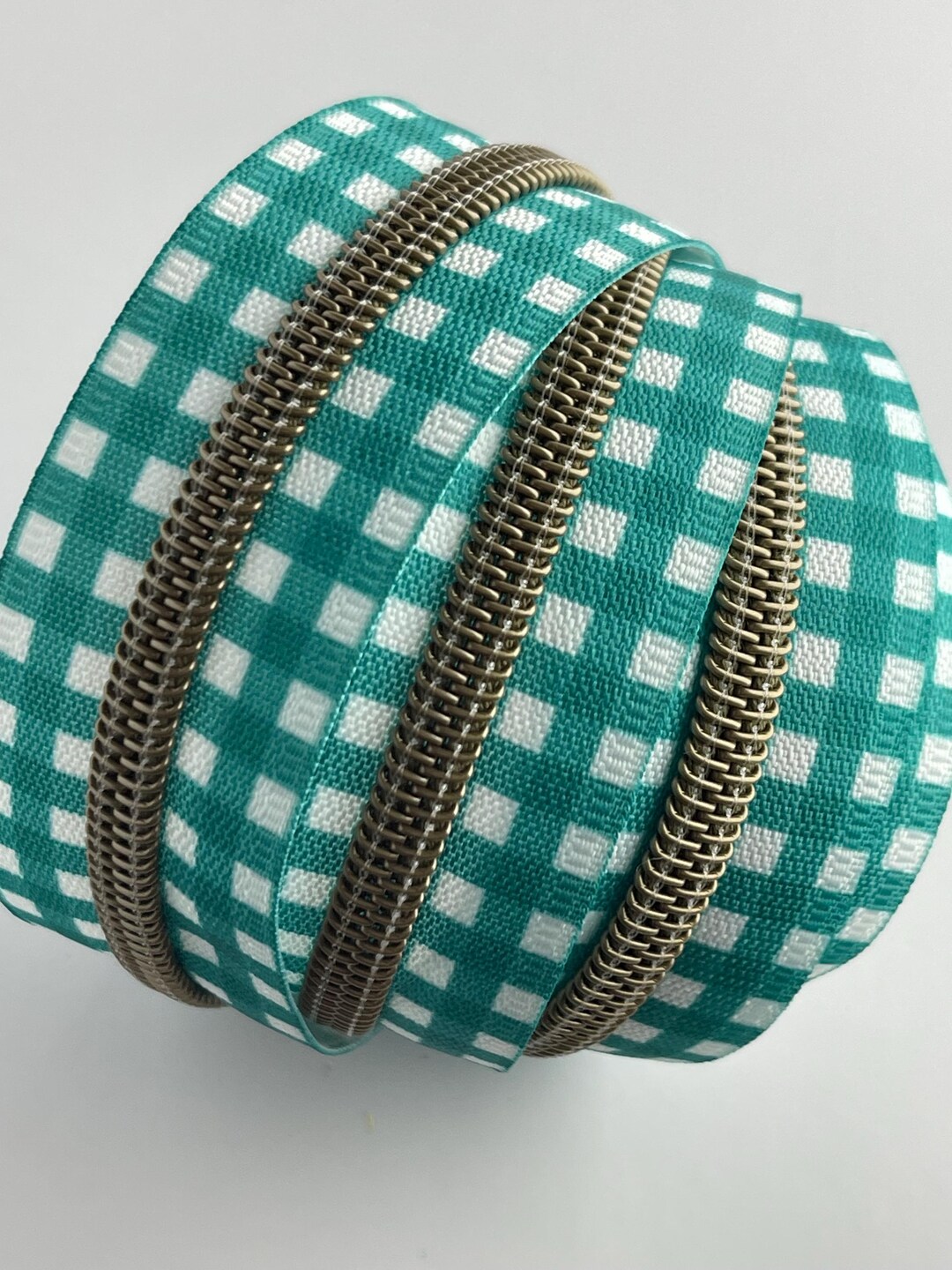 Teal Gingham Zipper Tape With Antique Bronze Nylon Coils | Size #5 - Etsy