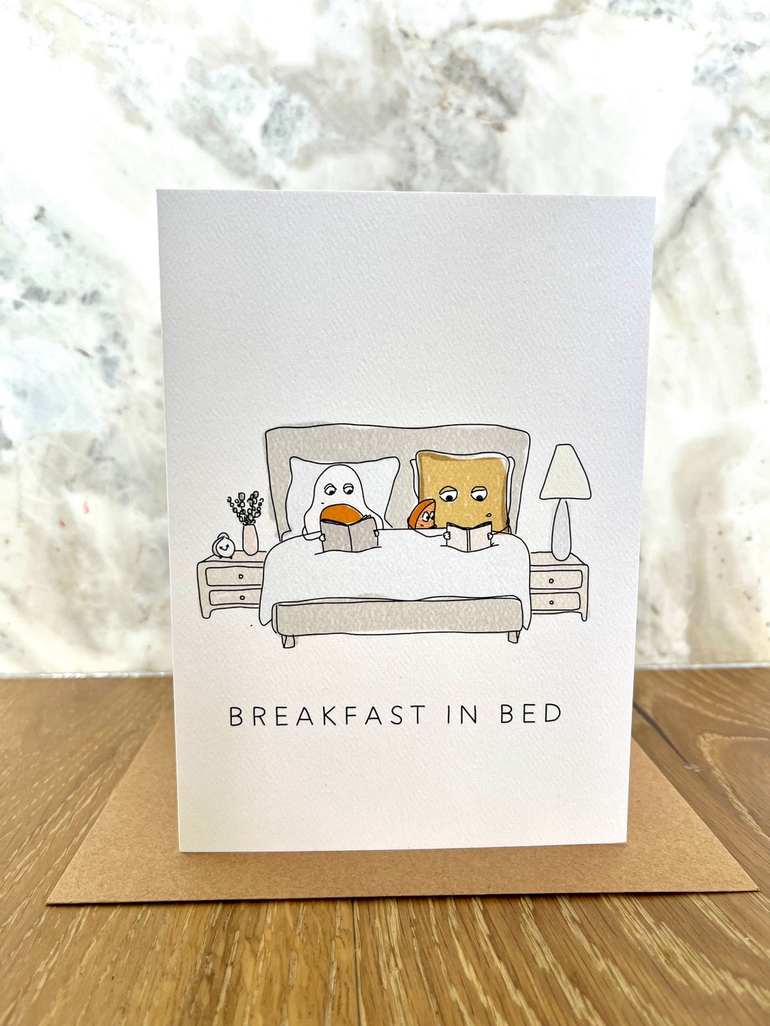 BREAKFAST IN BED - Greeting Card Cute Wordplay Funny Cartoon Blank Pun ...
