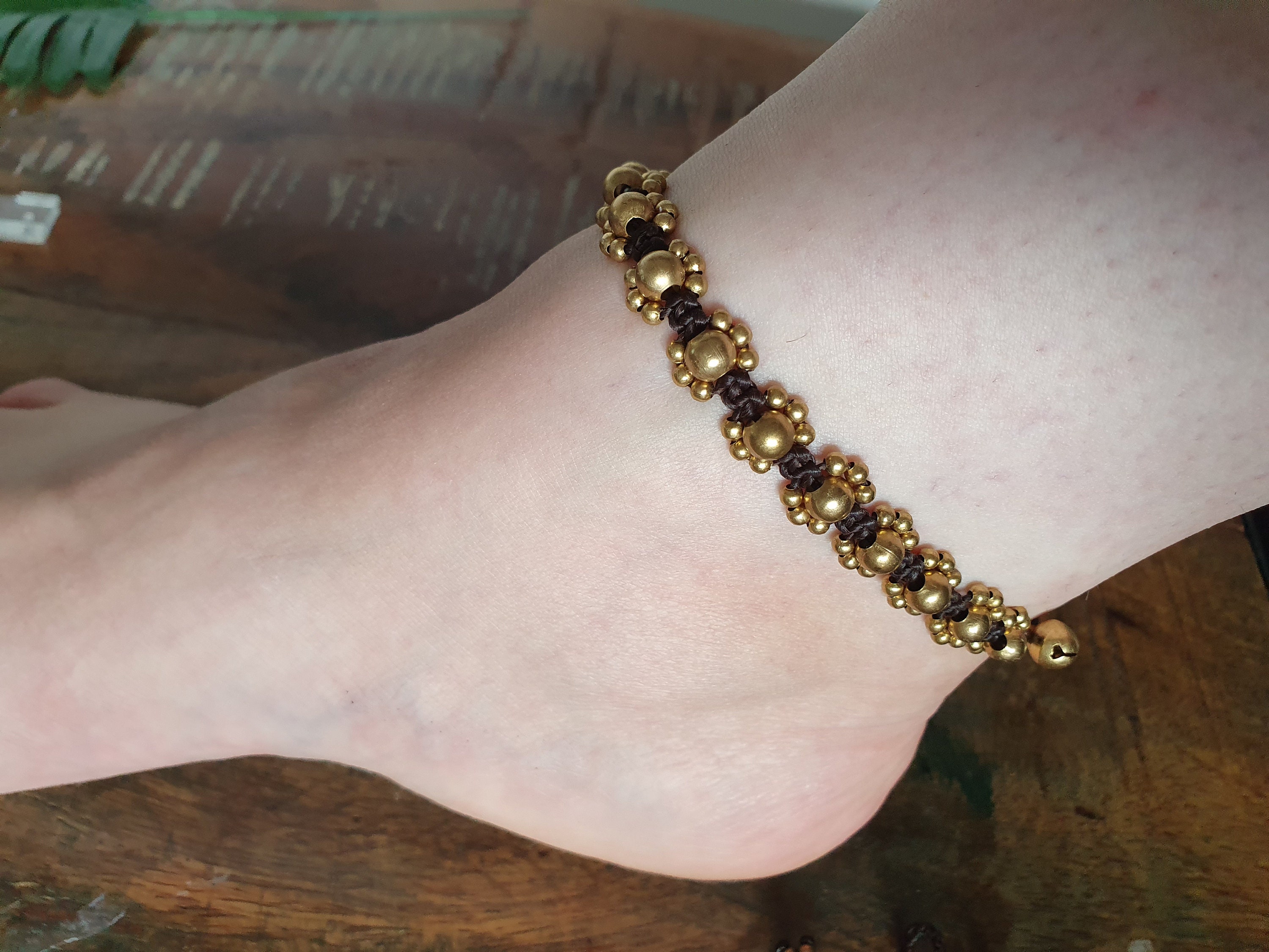 Gold Brass Bead Daisy Flower Power Anklet Brown Macrame Boho - Etsy