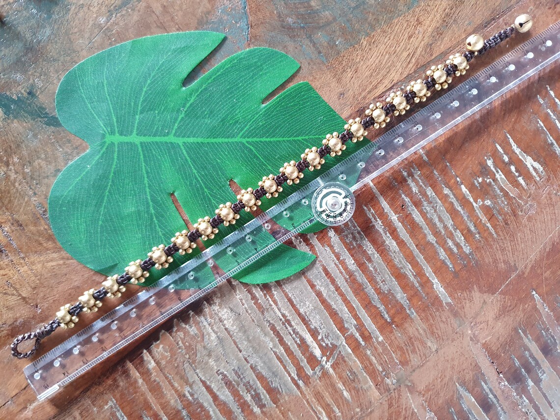 Gold Brass Bead Daisy Flower Power Anklet Brown Macrame Boho - Etsy