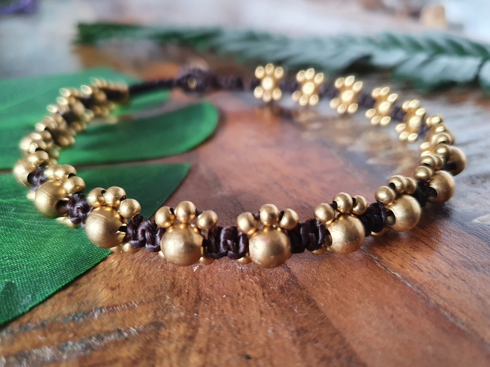 Gold Brass Bead Daisy Flower Power Anklet Brown Macrame Boho | Etsy