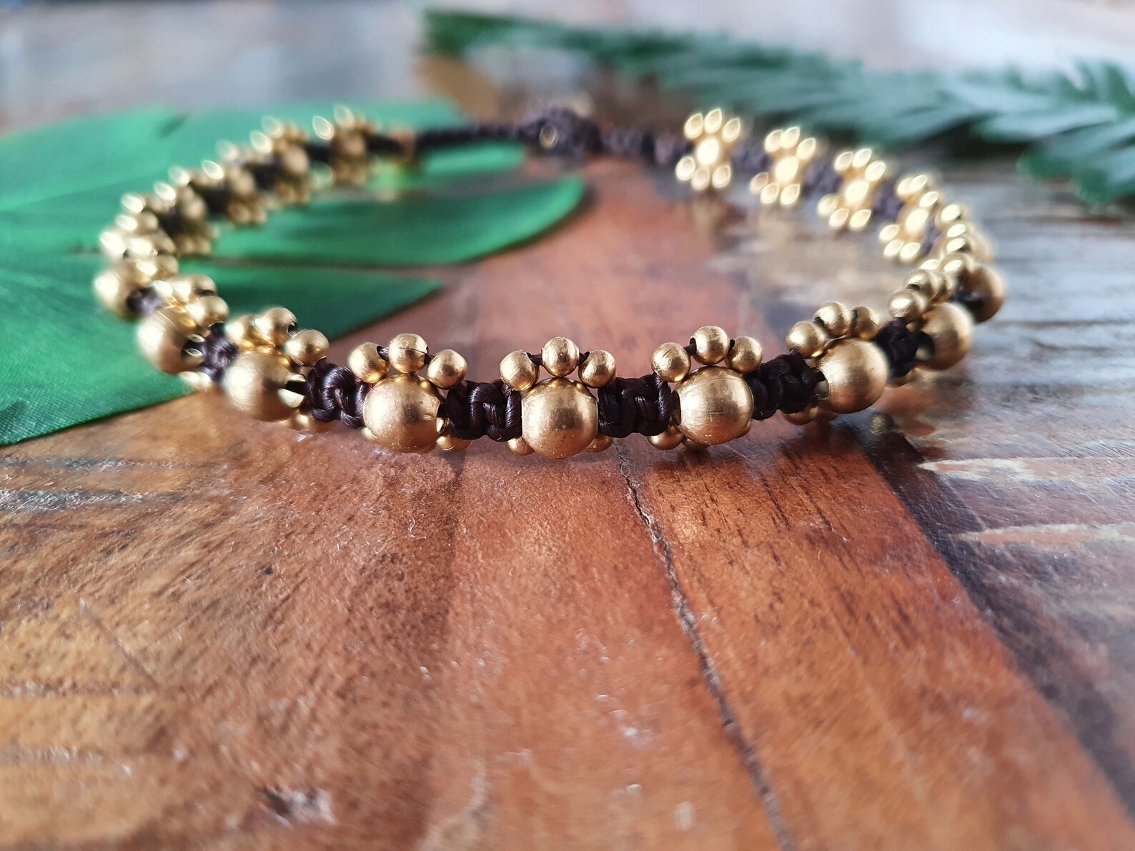 Gold Brass Bead Daisy Flower Power Anklet Brown Macrame Boho | Etsy
