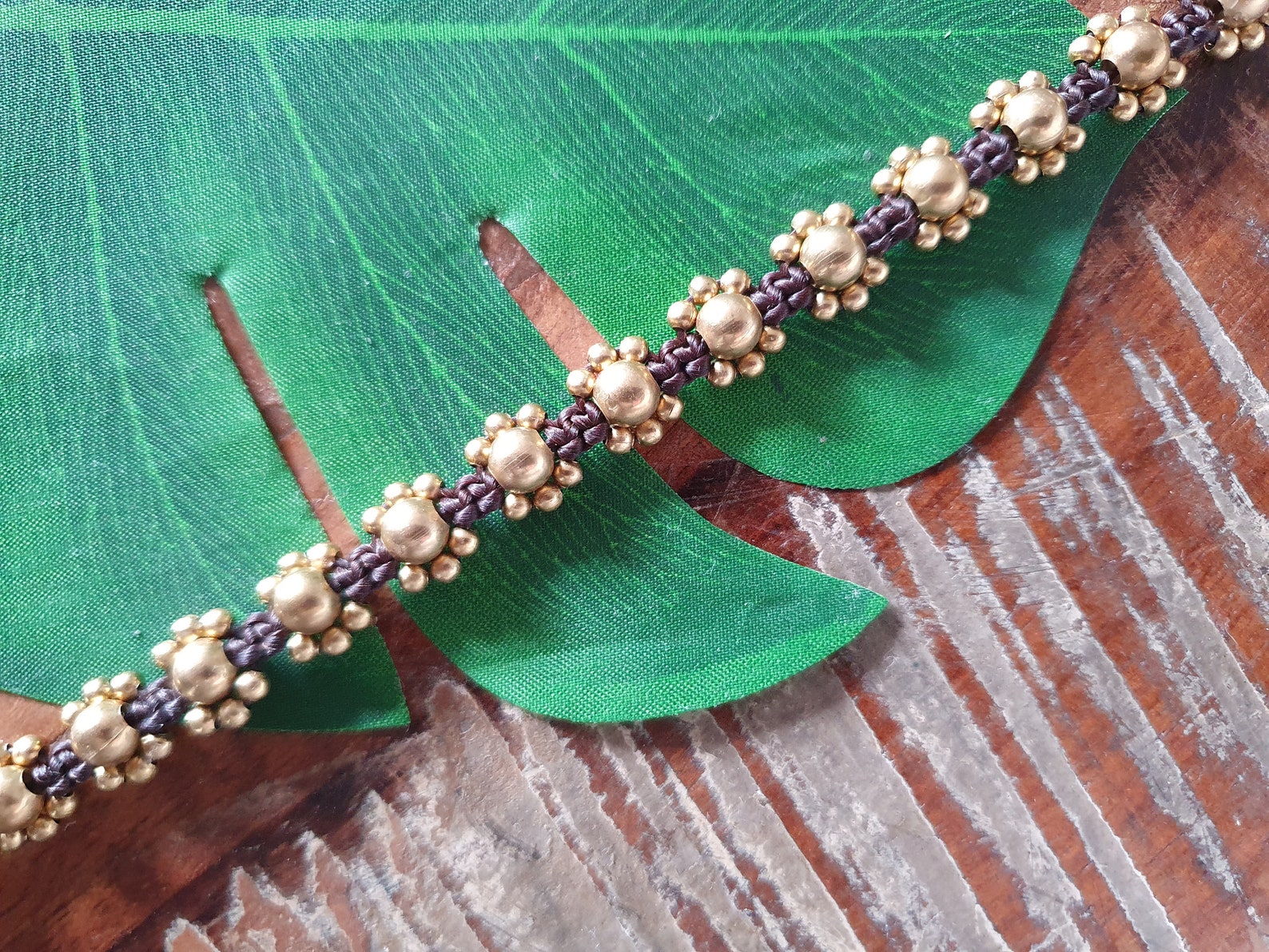 Gold Brass Bead Daisy Flower Power Anklet Brown Macrame Boho | Etsy