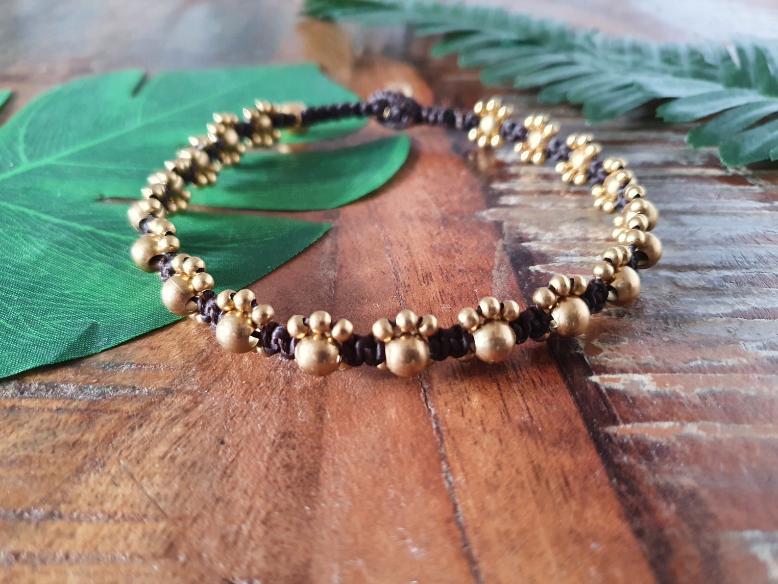 Gold Brass Bead Daisy Flower Power Anklet Brown Macrame Boho | Etsy