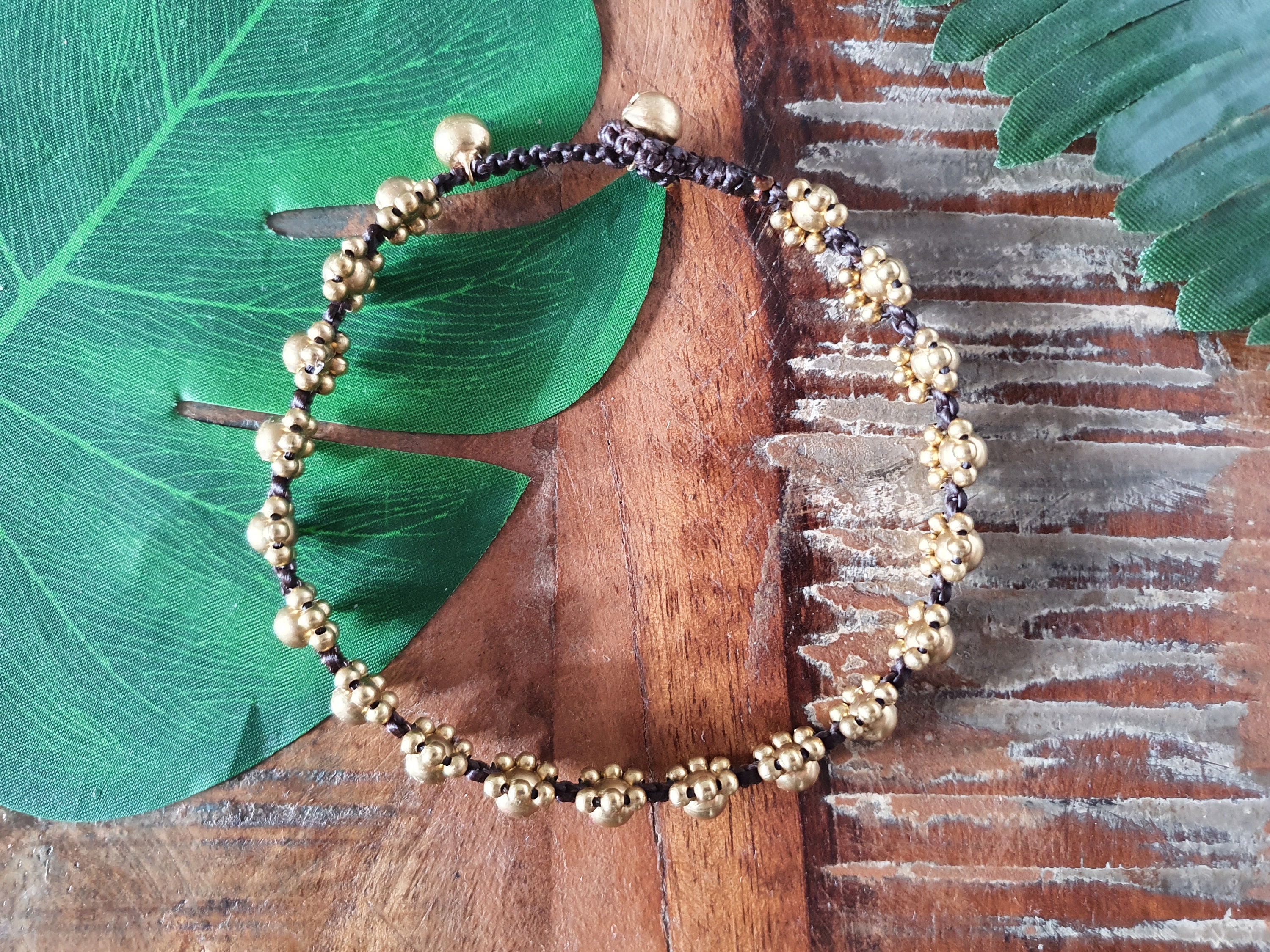 Gold Brass Bead Daisy Flower Power Anklet Brown Macrame Boho | Etsy