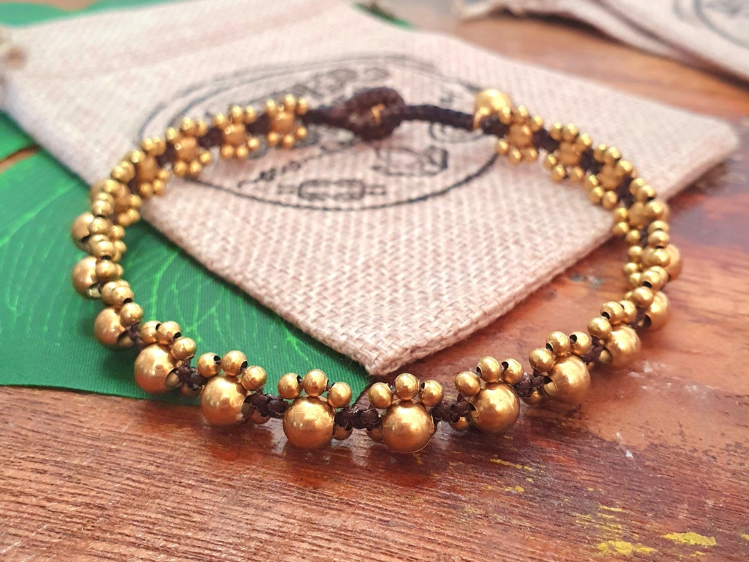 Gold Brass Bead Daisy Flower Power Anklet Brown Macrame Boho - Etsy