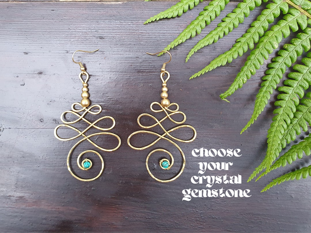 Gold Unalome Earrings: Crystal Buddhist Symbol, Handmade Brass Wire Art ...