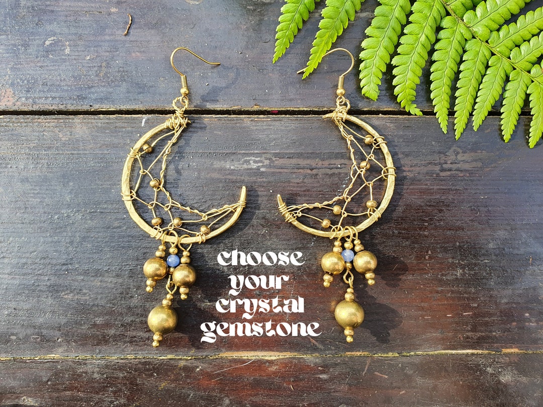 Wire Cresent Moon Dreamcatcher Moonstone Earrings, Cosmic Crystal ...
