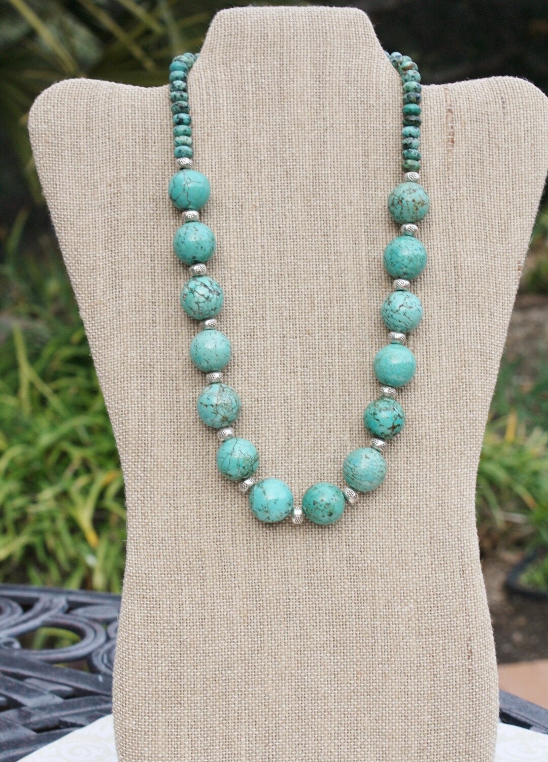 Turquoise Beaded Necklace, Large Turquoise Beads Necklace, Sterling ...