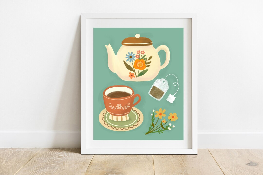 Blue and Cream Tea Set 8 X 10 Art Print/ Teapot With Teacup and Flowers ...