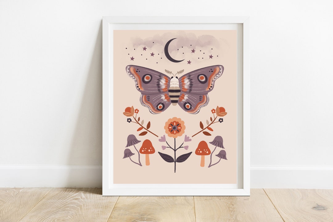 Moth and Moon Folk Art 8 X 10 Print/ Woodland Forest Illustration ...