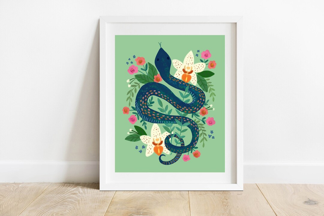Blue Snake With Orchids Art Print/ 8 X 10 Jungle Animal With Florals ...