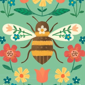 Floral Bee Folk Art 8 X 10 Art Print/ Woodland Insect Illustration ...