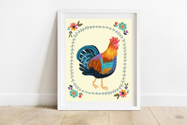 Rooster With Floral Border 8 X 10 Art Print/ Bird and Botanicals ...
