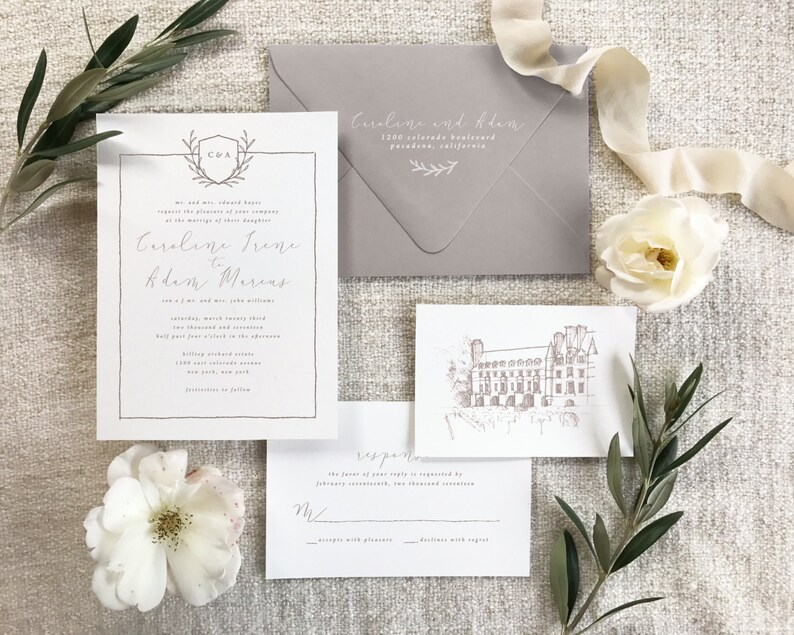 Elegant Invitation Monogram Invitation Olive Sprig | Etsy