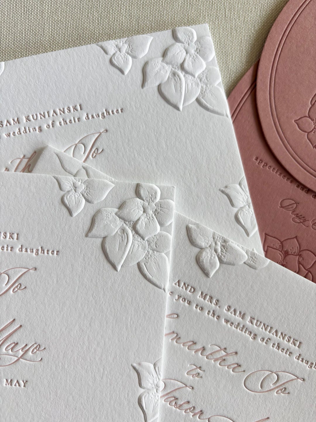 Sculpted Emboss and Letterpress Invitation Suite, Floral Embossed ...