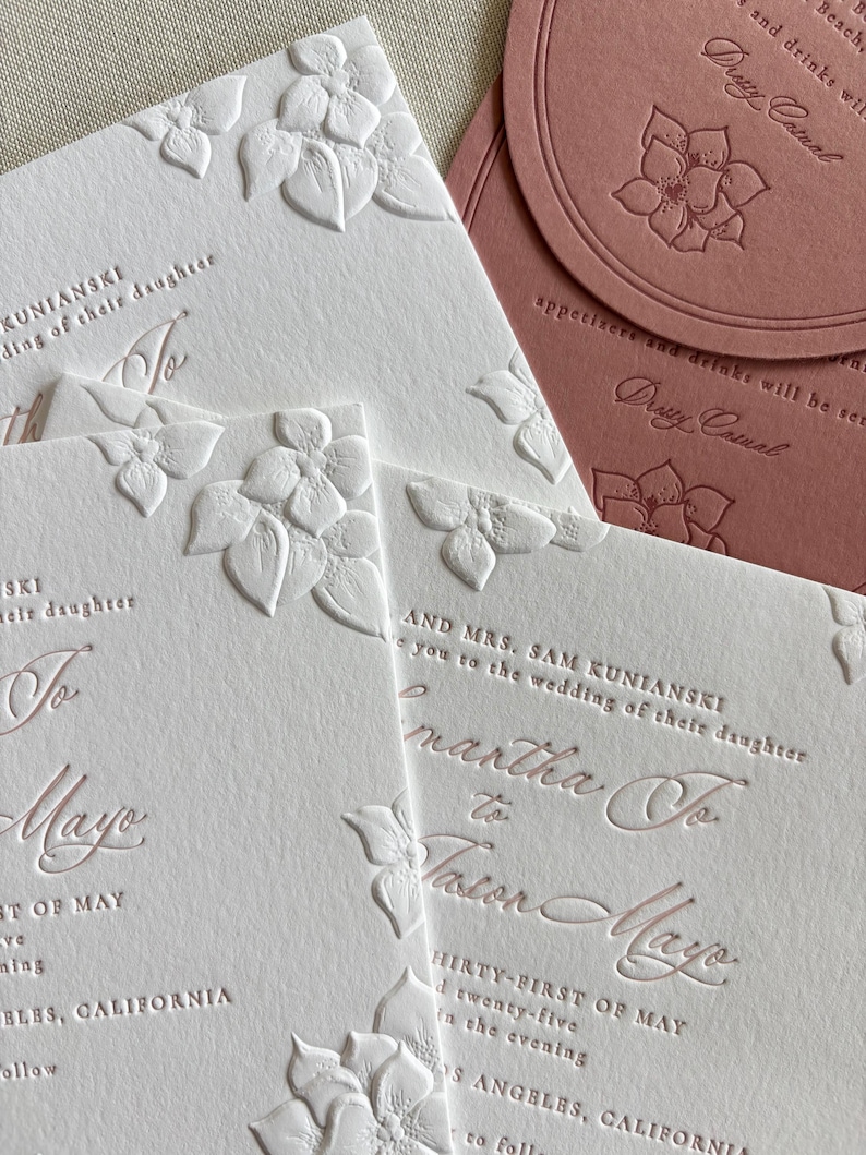 Sculpted Emboss and Letterpress Invitation Suite, Floral Embossed ...